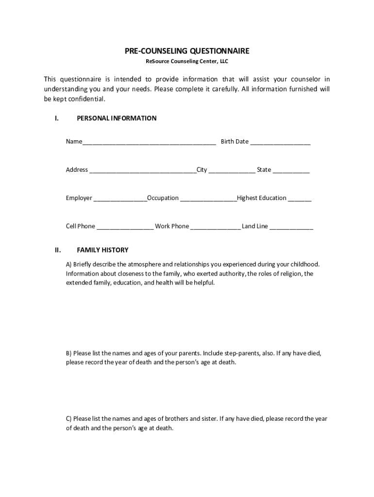 Fillable Online Pre-counseling Session Questionnaire - Wellness Alley ...