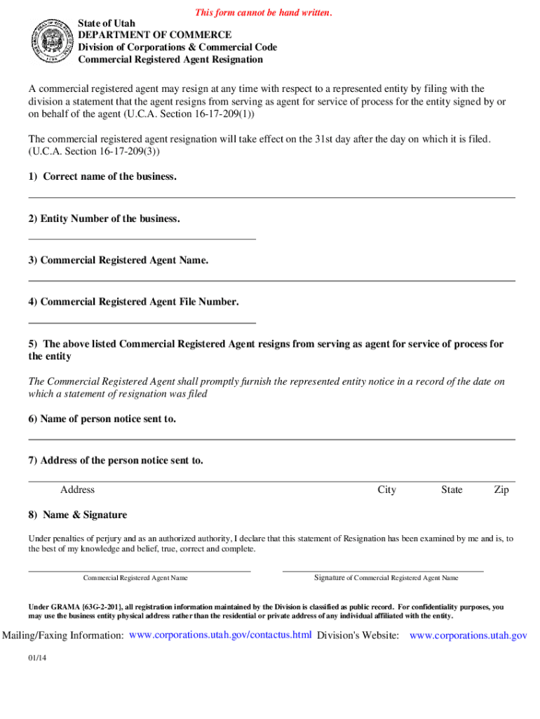 Fillable Online corporations utah A commercial registered agent may resign at any time with ...