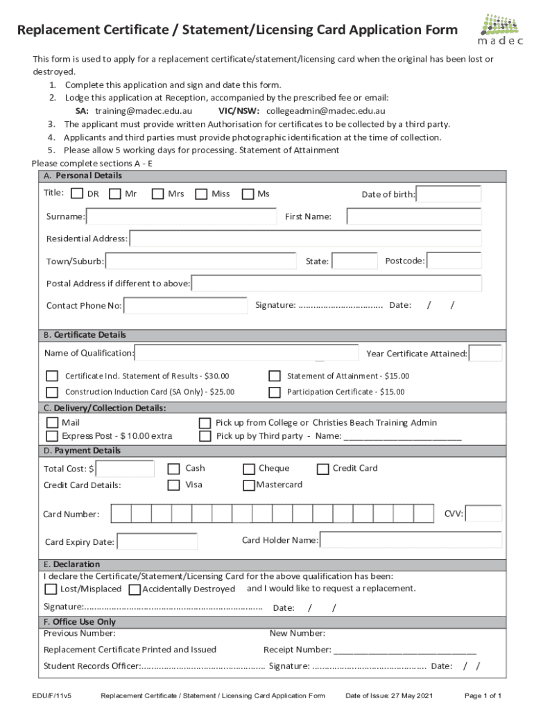 Fillable Online madec edu Replacement Certificate - Statement ...