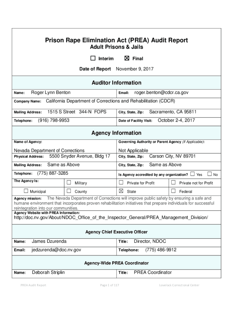 Fillable Online doc nv Prison Rape Elimination Act (PREA) Audit Report ...