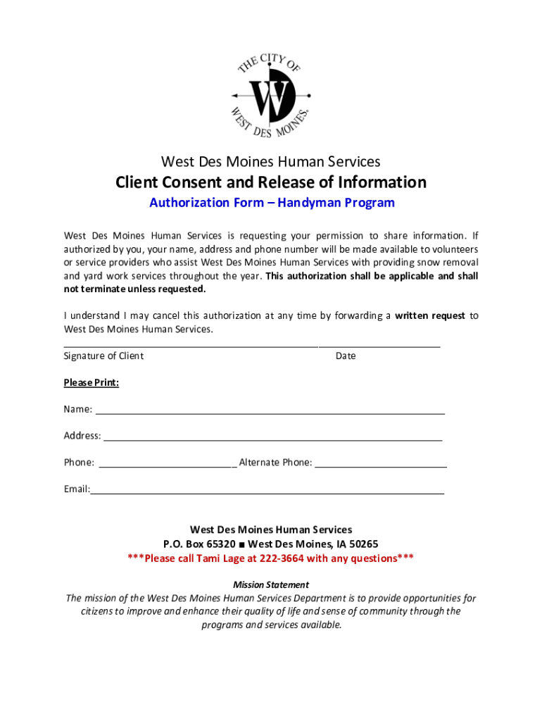 Fillable Online West Des Moines Human Services - Client Consent and ...