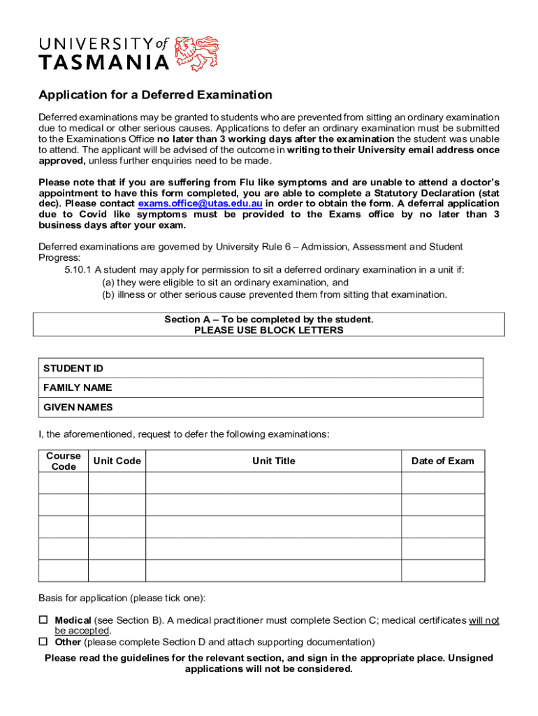 Fillable Online Application for Deferred Examination. Exam Forms Fax Email Print - pdfFiller