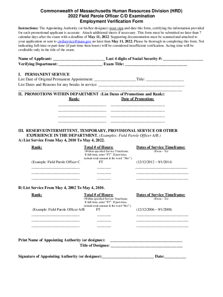 Fillable Online Employment Verification Form for Field Parole Officer ...