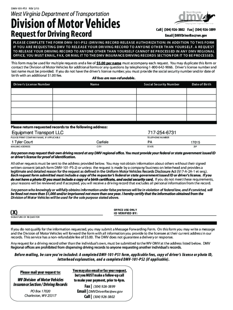 Fillable Online transportation.wv.govDMVDMVFormSearchDMV-101-PS1 REV 03 ...