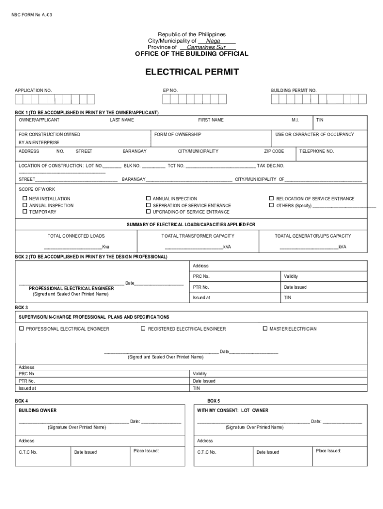 Fillable Online naga gov Electrical Permit.pdf - NBC FORM NO A 03 ...