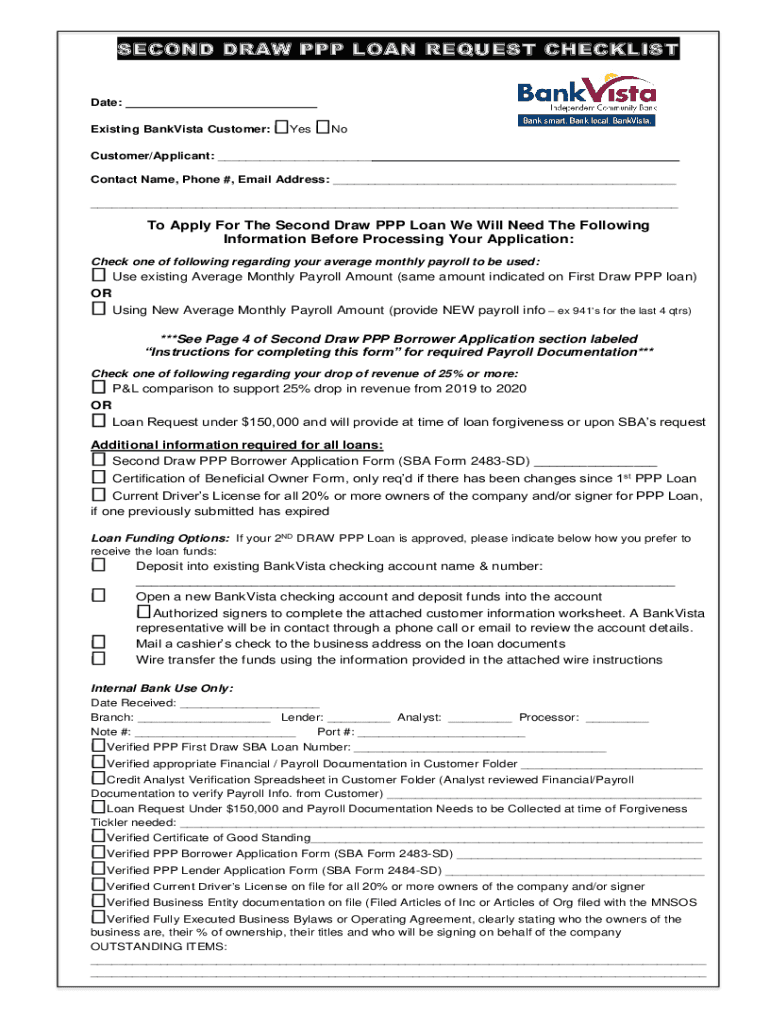 Fillable Online SECOND DRAW PPP LOAN REQUEST CHECKLIST - BankVista Fax ...