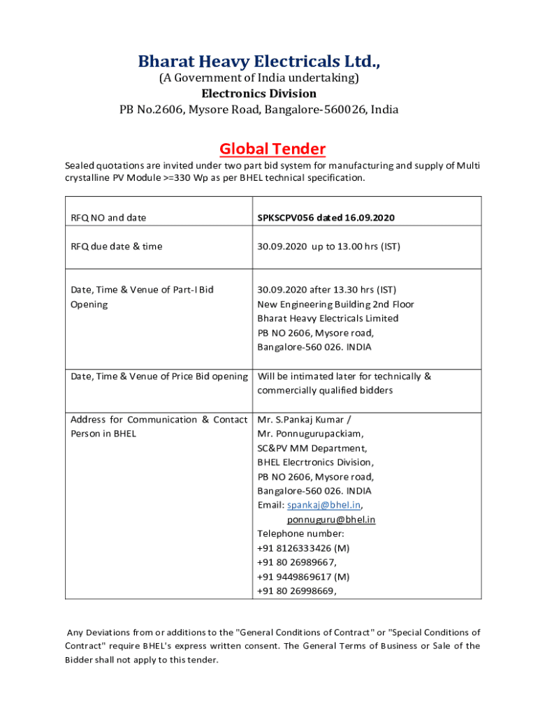 Fillable Online Global Tender Bharat Heavy Electricals Ltd., - Embassy of India ... Fax Email ...