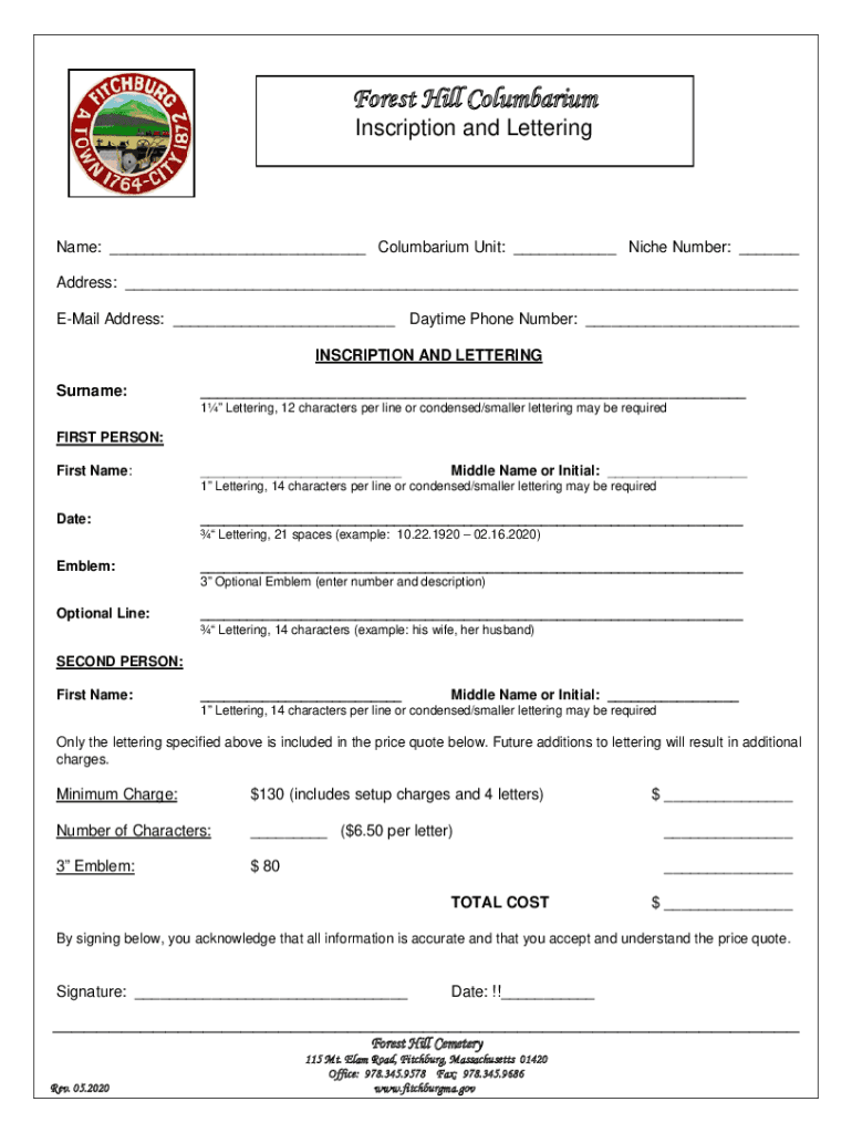 Fillable Online fill.ioFores-t-Hill-Columbarium-Inscription-andFillable ...