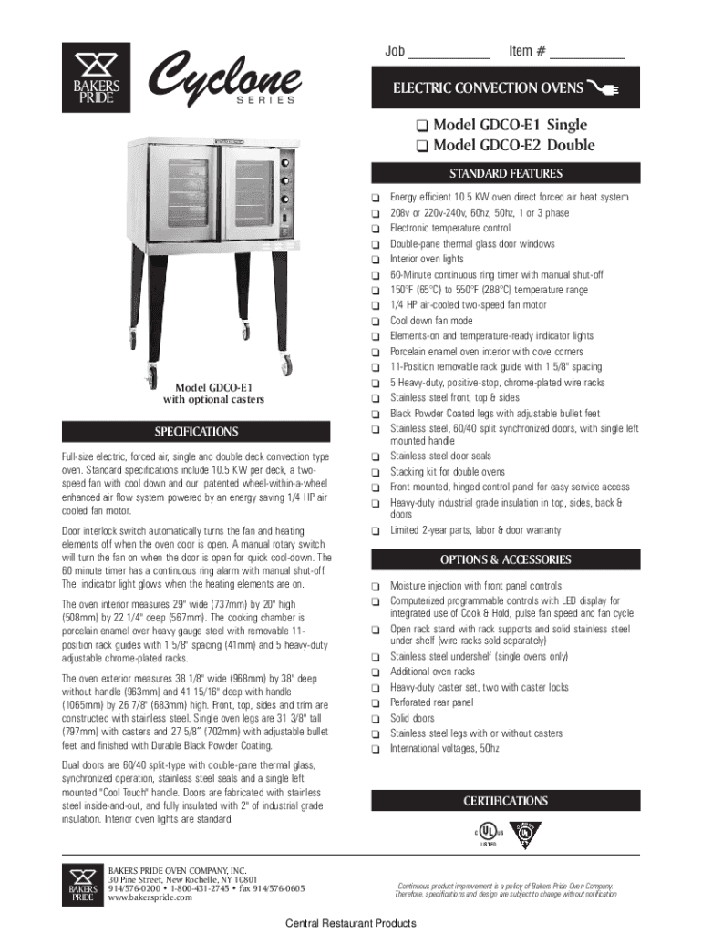 Fillable Online Bakers Pride Cyclone Series Electric Convection Ovens ...