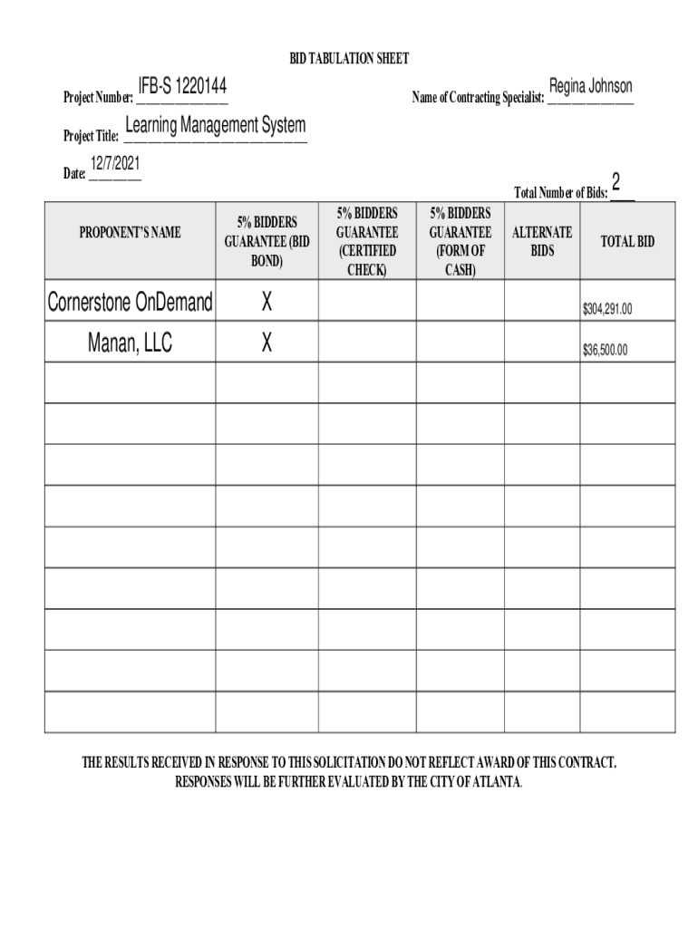 Fillable Online BID TABULATION SHEET Project Number: Name of ...