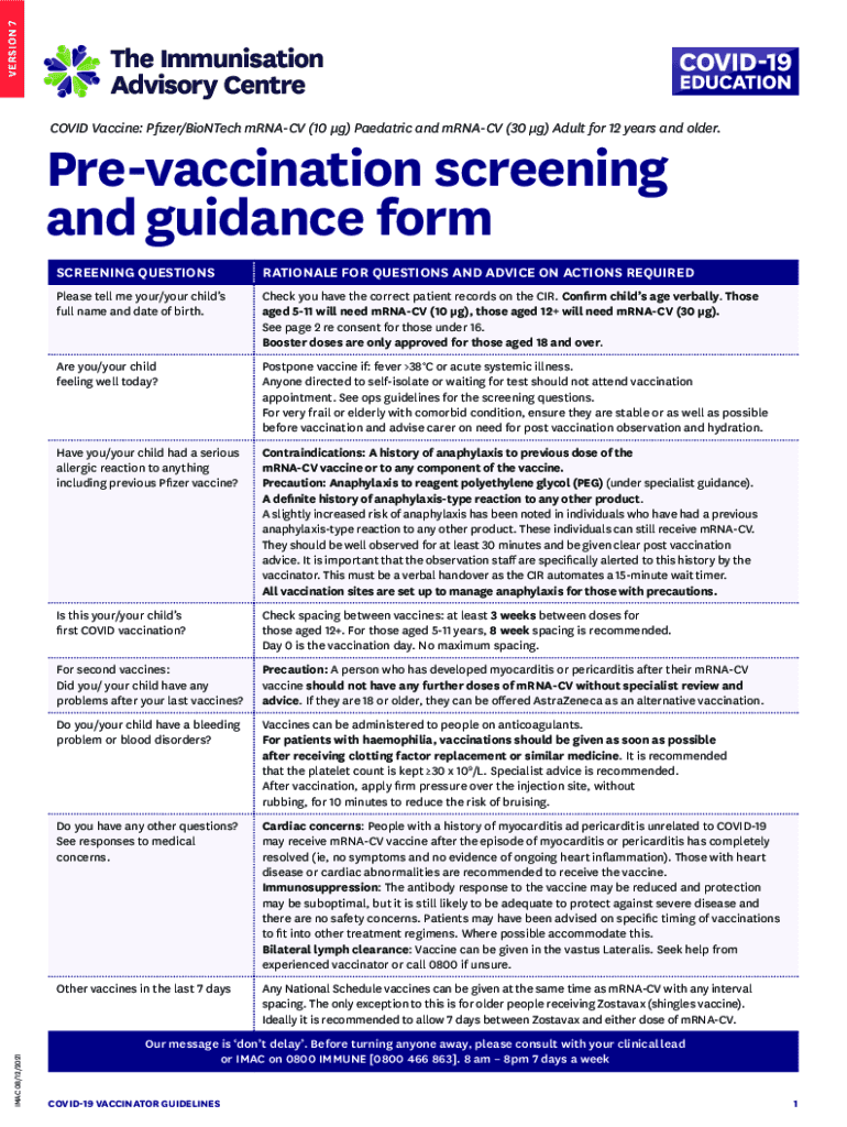 Fillable Online Pre-vaccination screening and guidance form Fax Email ...