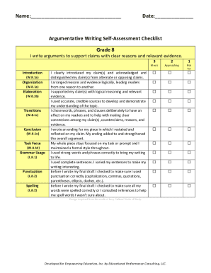 Fillable Online Argumentative Writing Self-Assessment Checklist Grade 8 ...