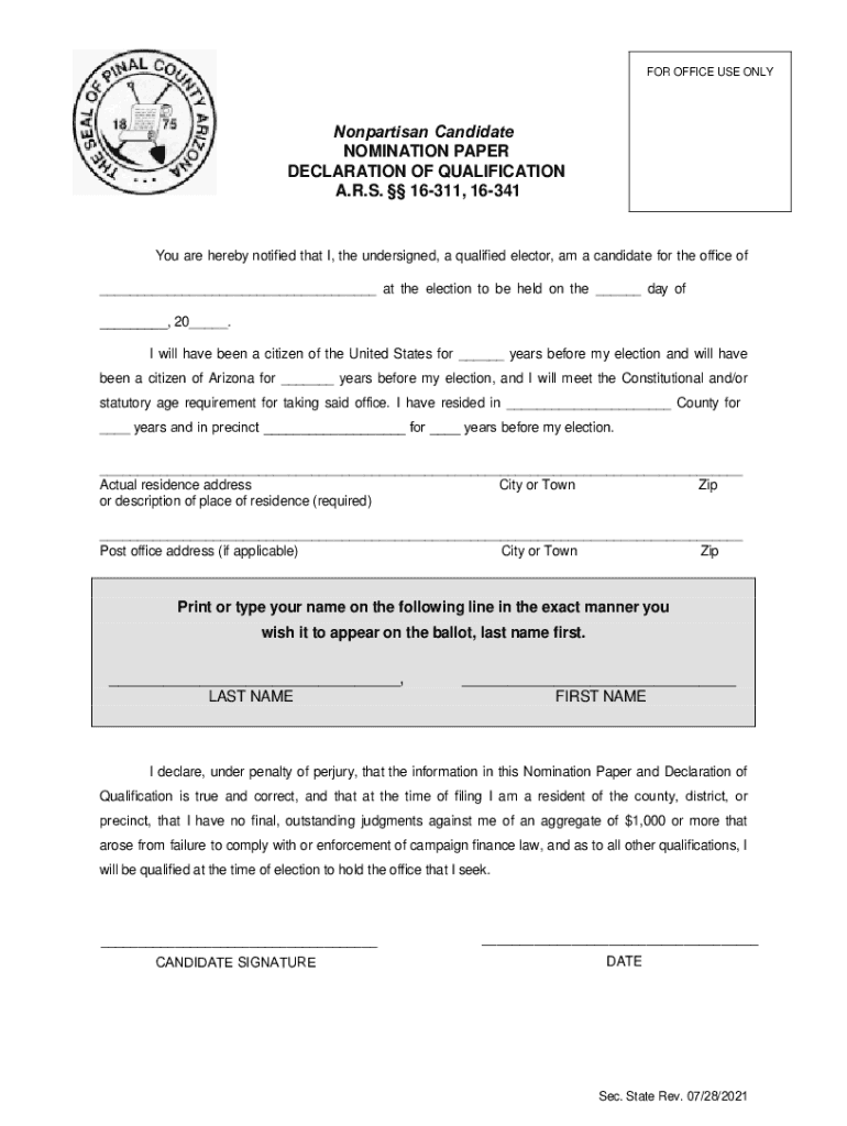 Fillable Online www.pinalcountyaz.govelectionsDocumentsNonpartisan NOMINATION PAPER DECLARATION ...