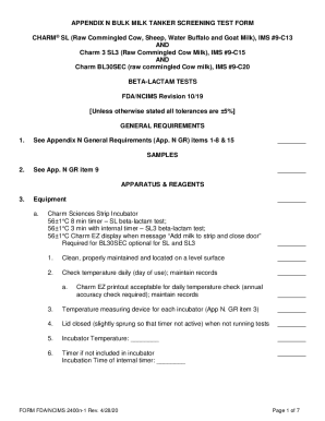 Fillable Online APPENDIX N BULK MILK TANKER SCREENING TEST FORM CHARM ...