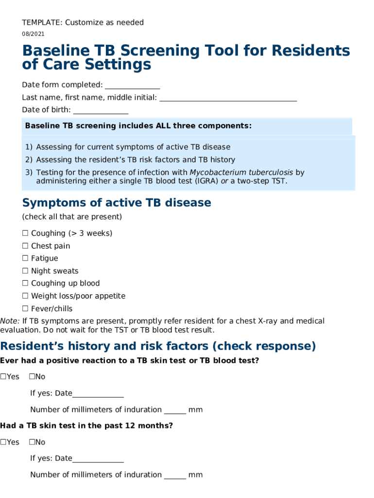 Baseline TB Screening Tool for Residents of Care Settings - Blank ...