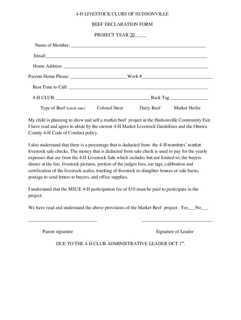 Fillable Online 4-H LIVESTOCK CLUBS OF HUDSONVILLE BEEF DECLARATION ...