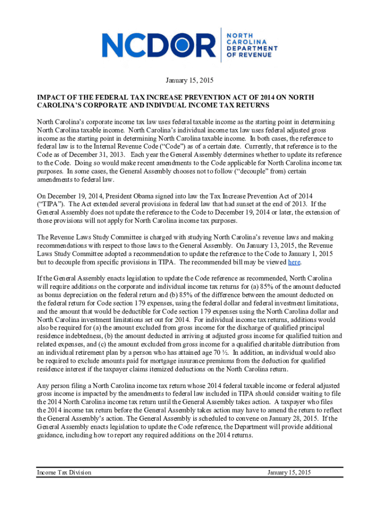 Fillable Online NCDOR: IMPACT OF THE FEDERAL TAX INCREASE PREVENTION ...