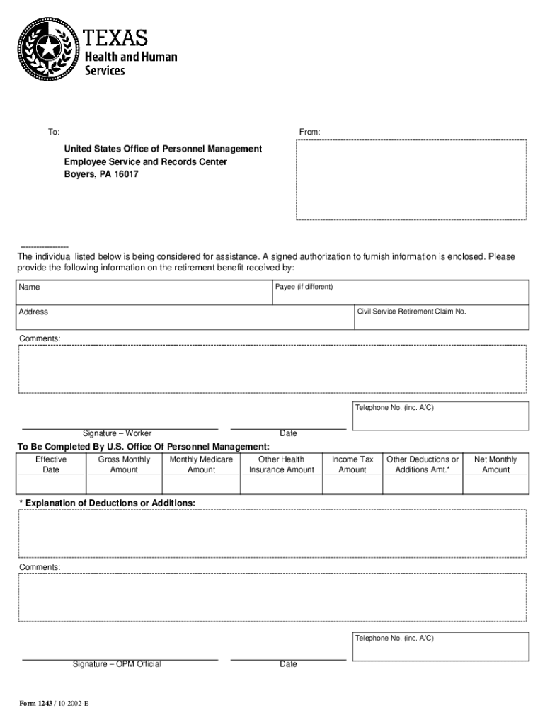 Fillable Online Verification of Civil Services Benefits. Form 1243 Fax ...