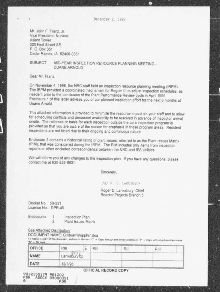 Fillable Online www.nrc.govdocsML2021SUBJECT: DUANE ARNOLD INSPECTION ...