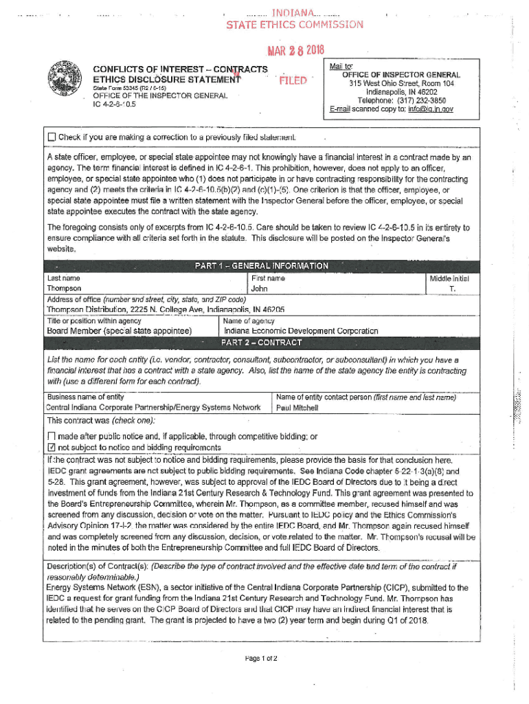 Fillable Online www.in.govigfilesState Form 53345 (R2 / 6-15 ETHICS ...