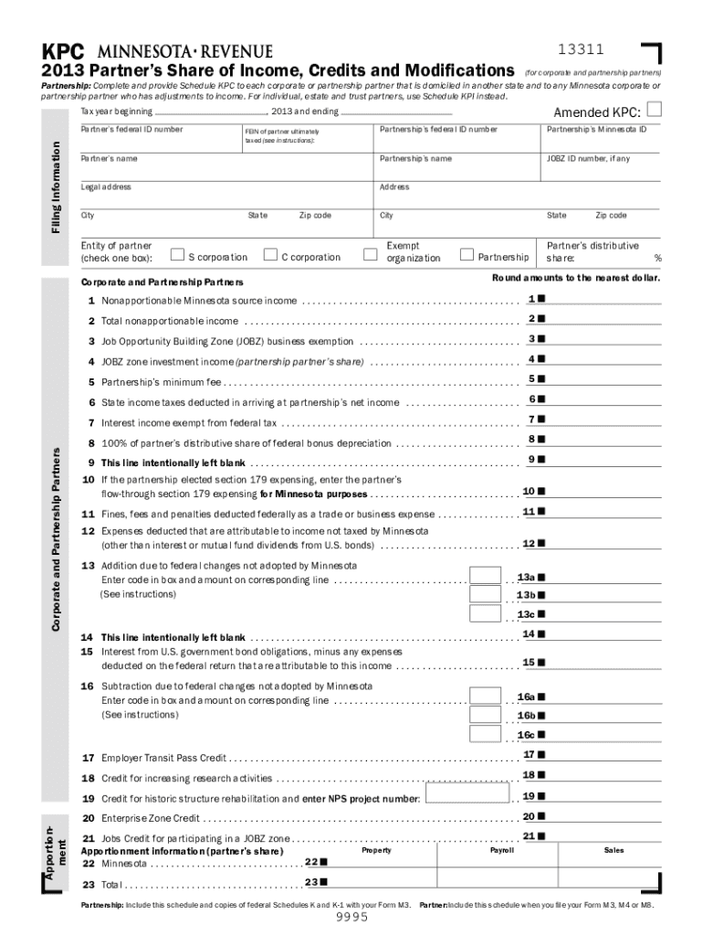 Fillable Online www.taxformfinder.orgindexminnesotaMinnesota Form KPC (Partner's Share of Income ...