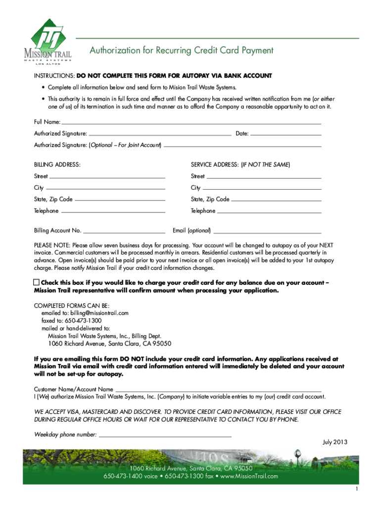 Fillable Online Free Credit Card (ACH) Authorization Forms ...