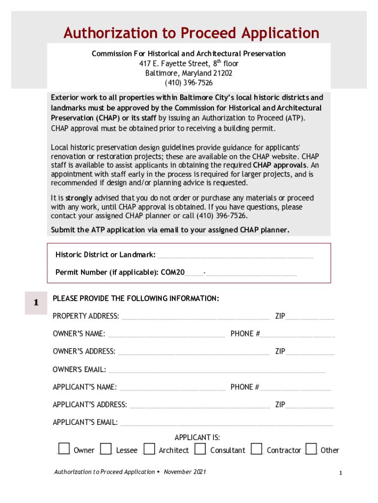 Fillable Online chap baltimorecity Authorization to Proceed Application ...
