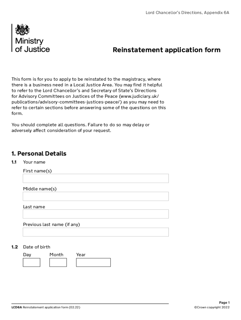Fillable Online LCD6A - Appendix 6A - Reinstatement application form ...