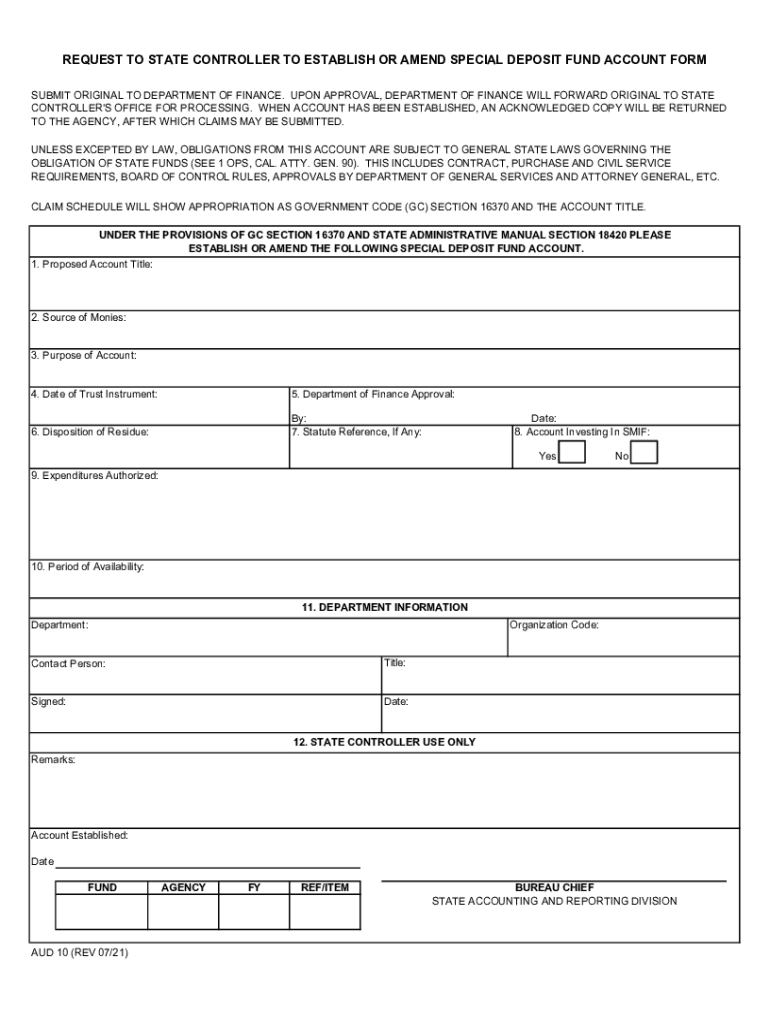 Fillable Online A U D 10 - Request to Establish or Amend Special Deposit Fund Account Form and ...