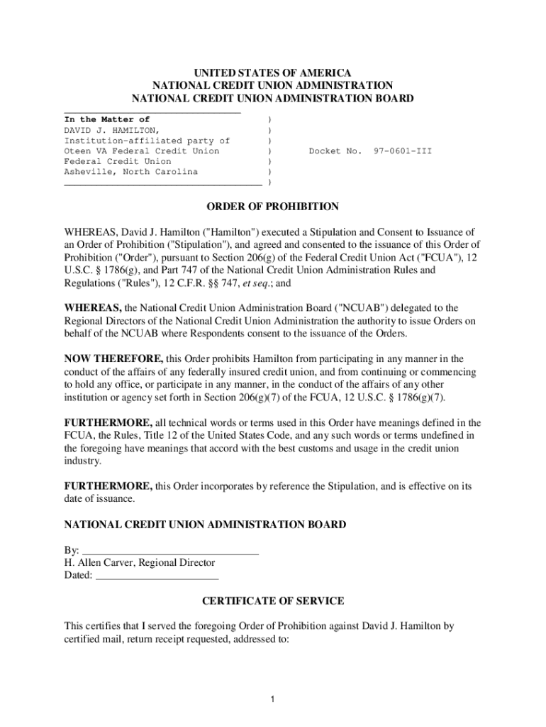 Fillable Online 97-06-01-III -- Prohibition Order of David J. Hamilton Fax Email Print - pdfFiller