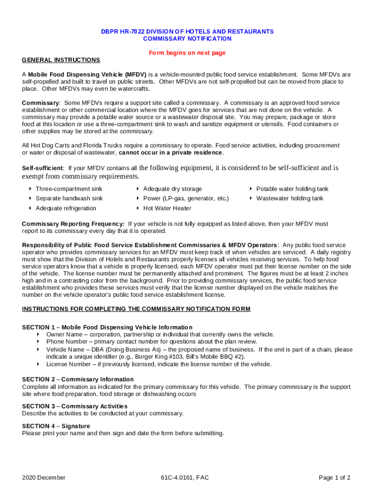 DBPR HR-7022 Division of Hotels and Restaurants Commissary ... Doc ...