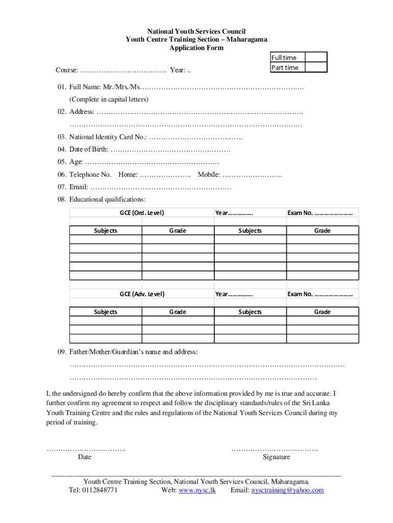 Fillable Online Maharagama Application Form Course - National Youth ...