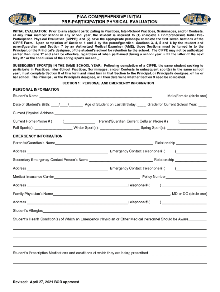 Fillable Online www.nbcsd.orgdocsdistrictPIAA COMPREHENSIVE INITIAL PRE ...