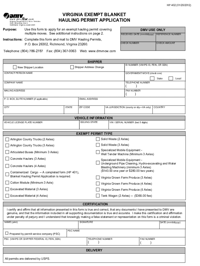 Fillable Online Fillable Online Virginia blanket hauling permit form ...
