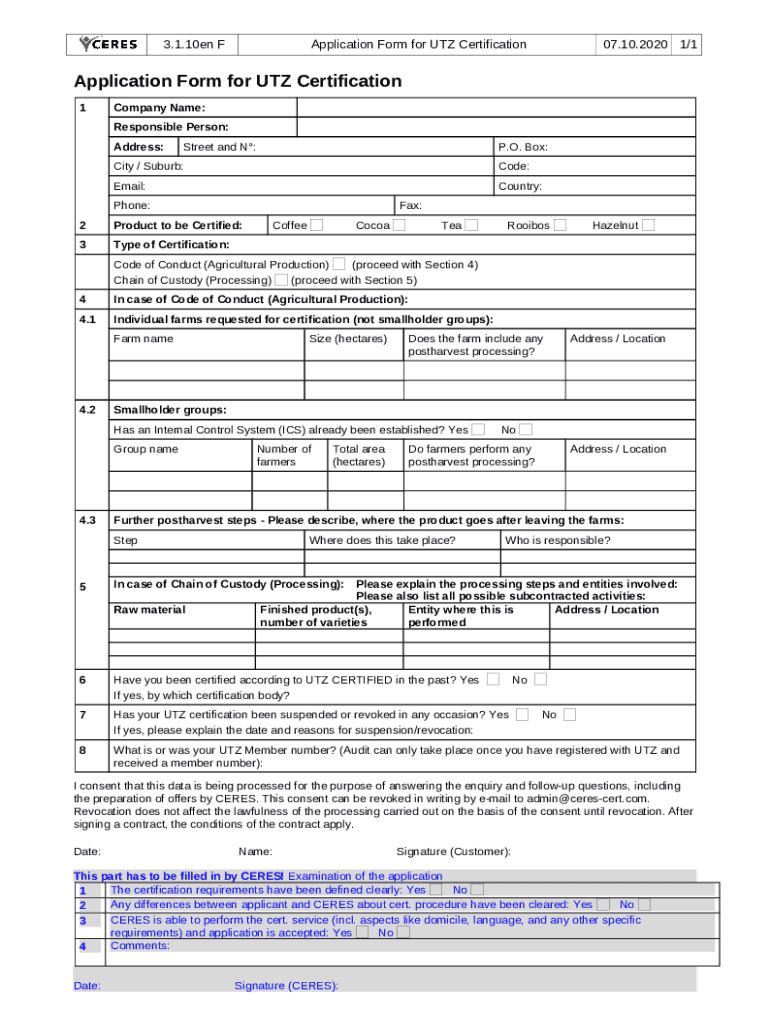 Application for UTZ Certification Doc Template | pdfFiller