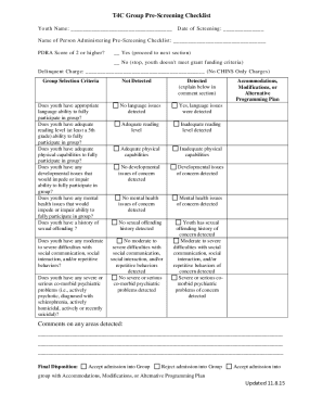 Fillable Online T4C Group Pre-Screening Checklist Comments on any areas ...