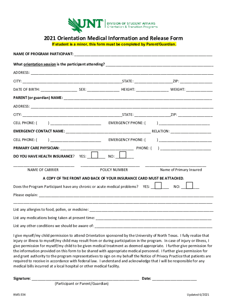 Fillable Online studentaffairs unt 2021 Orientation Medical Information and Release Form Fax ...