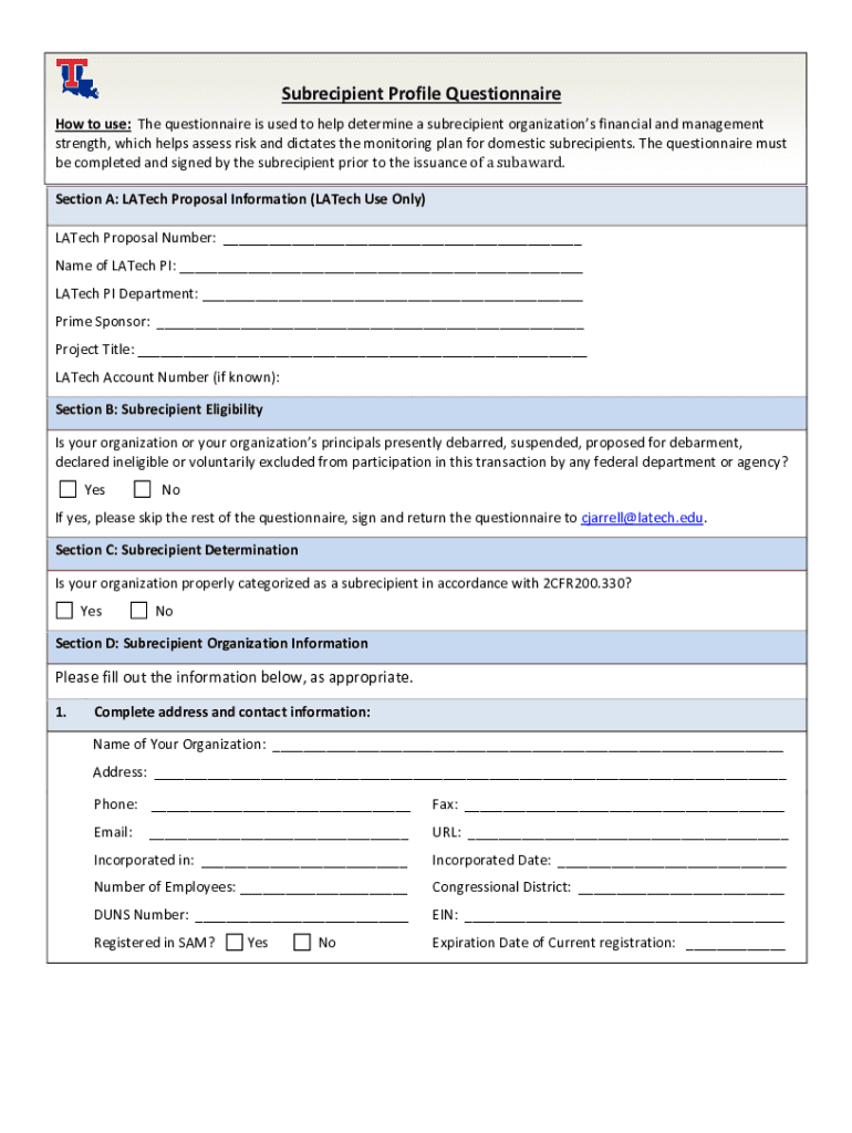 Fillable Online Subrecipient Questionnaire Template Fax Email Print - pdfFiller