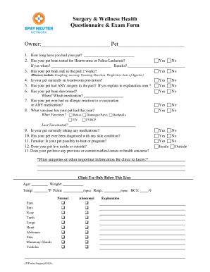Fillable Online Surgery & Wellness Health Questionnaire & Exam Form Fax ...