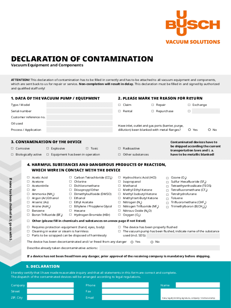 Fillable Online Declaration of Contamination of Vacuum Equipment and ...