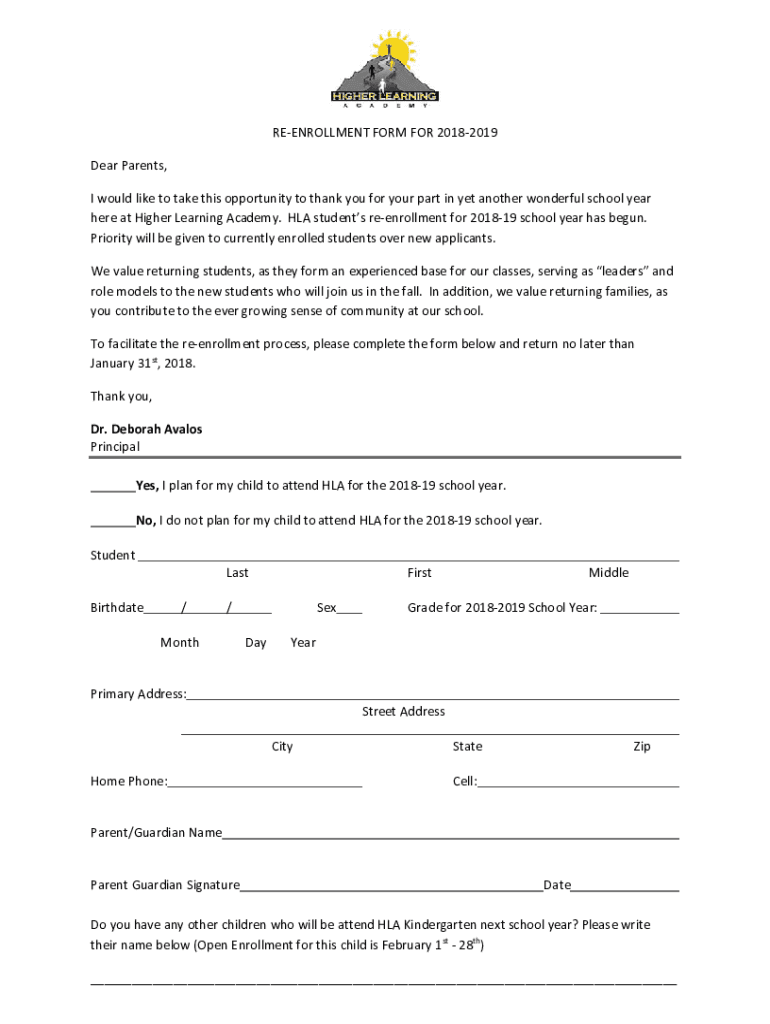 Fillable Online Re-Enrollment Letter to FamiliesSt. Joseph Catholic11 ...