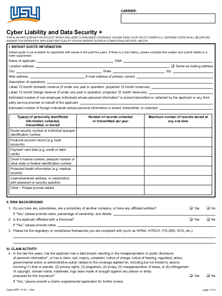 Fillable Online customers.usli.comsitesdappsCyber Liability and Data ...