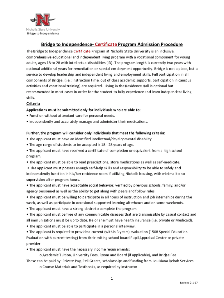 Fillable Online Bridge to Independence- Certificate Program Admission ...