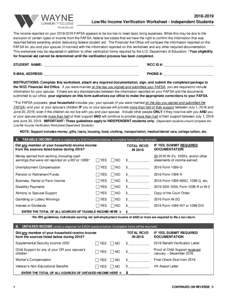 Fillable Online Fillable 2018-2019 Low/No Income Verification Worksheet ...