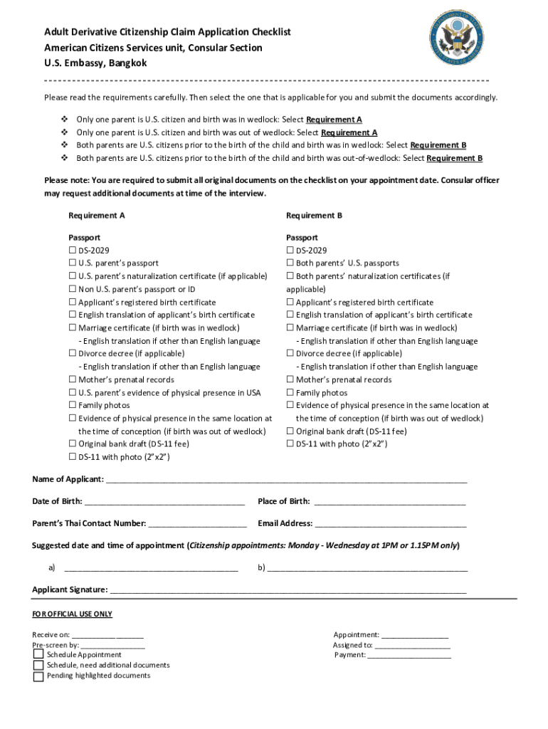 Fillable Online th.usembassy.govwp-contentuploadsAdult Derivative Citizenship Claim Application ...