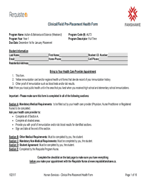 Fillable Online Fillable Online Clinical Pre-Placement Health Form ...