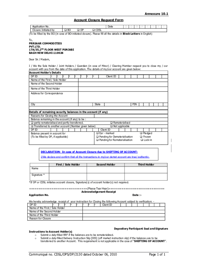 Fillable Online www.uslegalforms.comform-library112575Annexure 10.1 : Account Closure Request ...