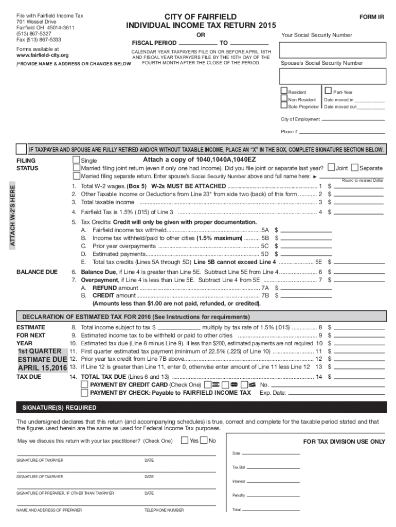 Fillable Online CITY OF FAIRFIELD INDIVIDUAL INCOME TAX RETURN 2008 ...