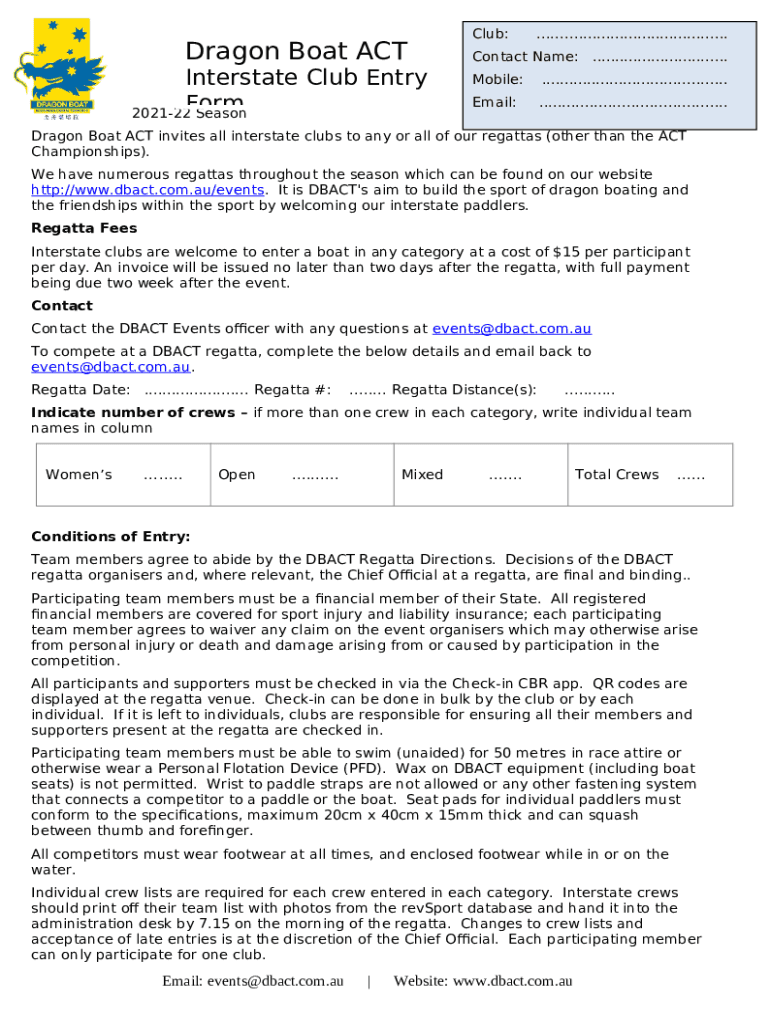 Regatta Club Entry Doc Template | pdfFiller