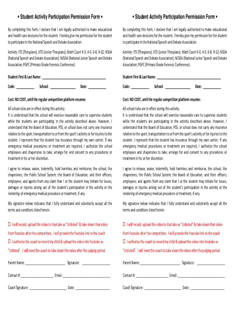 Fillable Online Student Activity Participation Permission Form Fax Email Print - pdfFiller